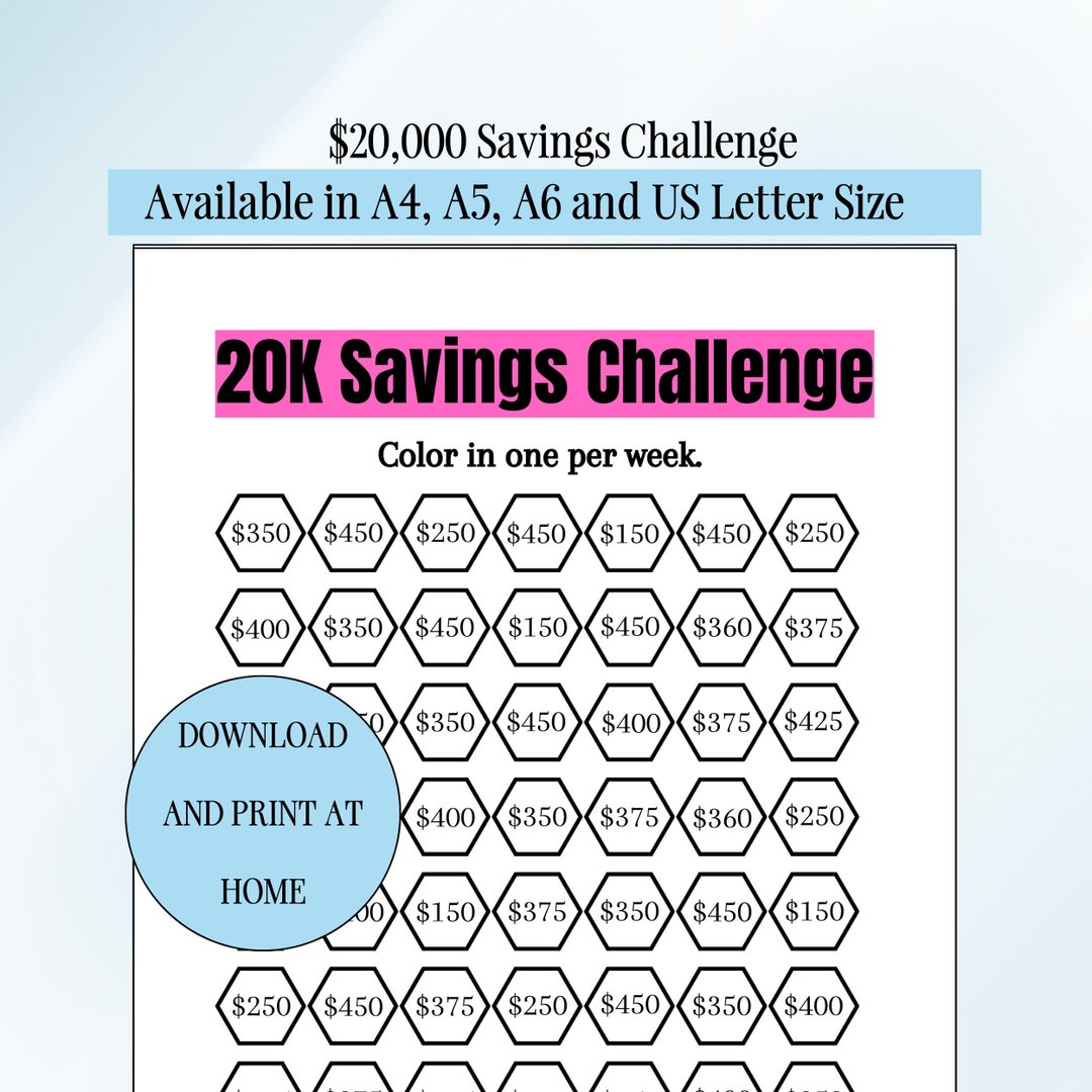 20K Savings Tracker for Finances Simple Savings Challenge for Money ...