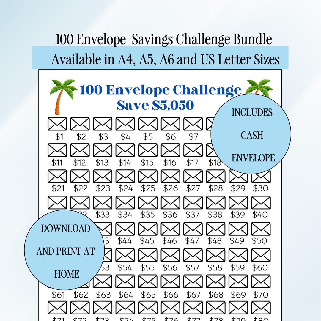 100 Envelope Challenge Printable 5050 Money Savings Challenge Printable ...