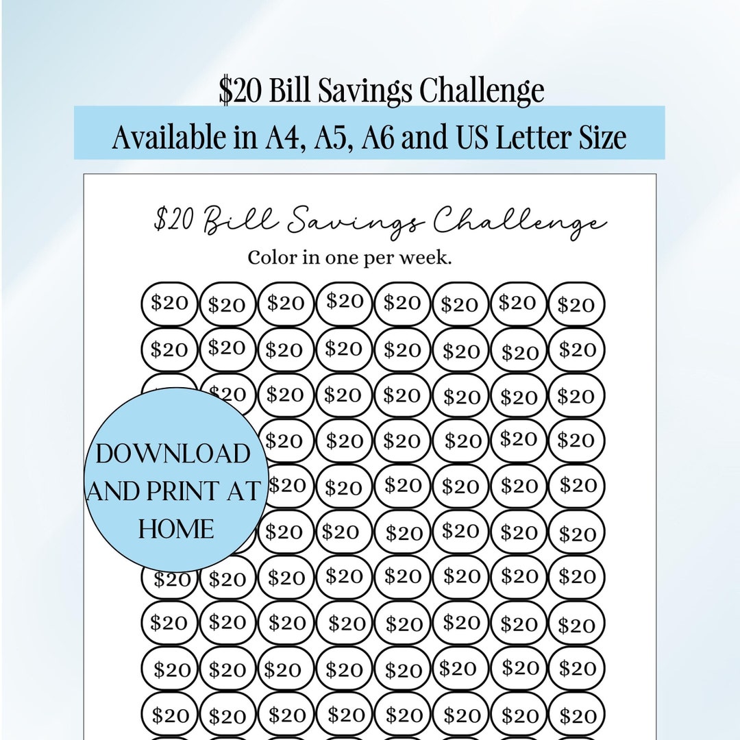 Twenty Dollar Savings Tracker for Finances Simple Savings Challenge for ...