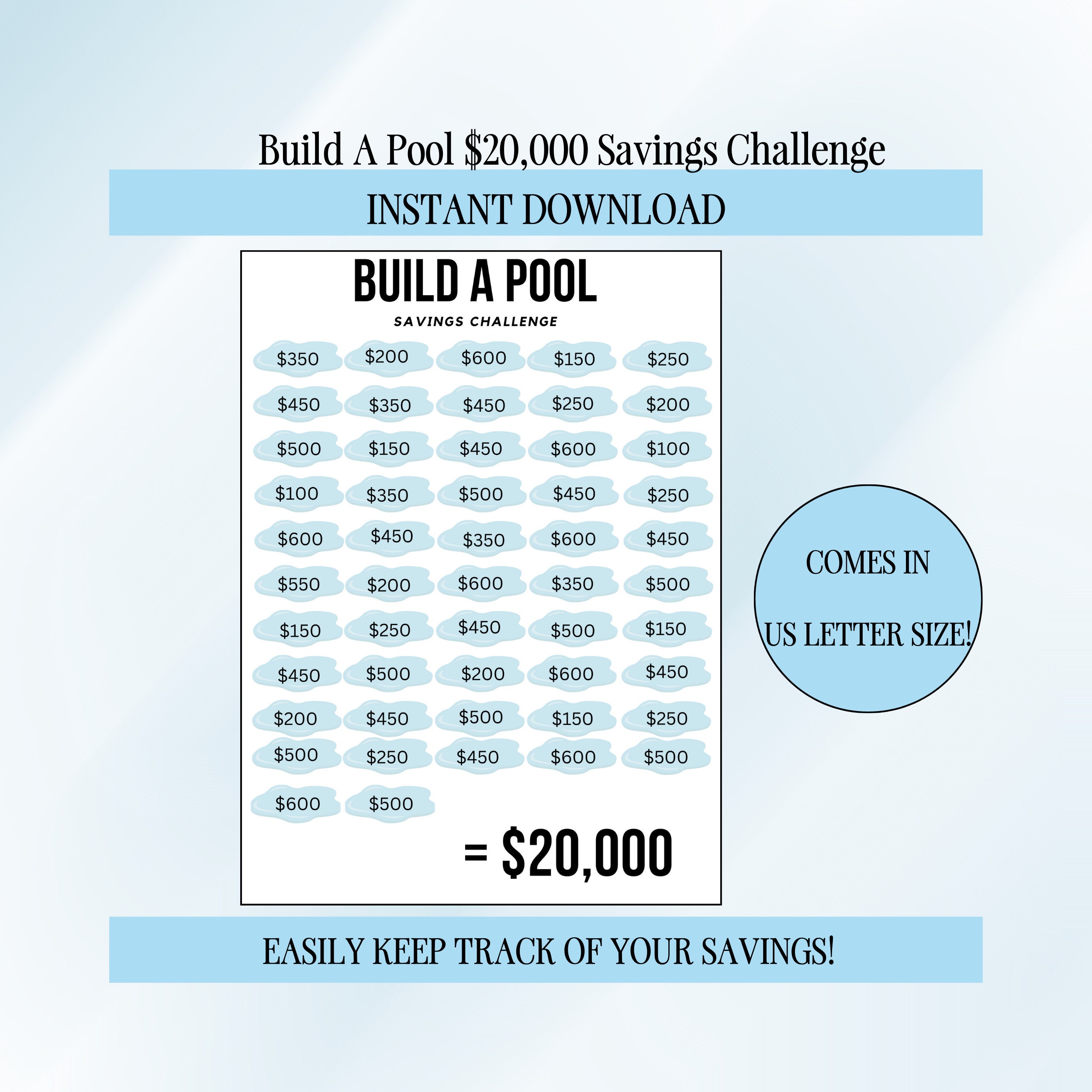 Build A Pool 20K Savings Challenge Tracker Plan and Save for Your Pool ...