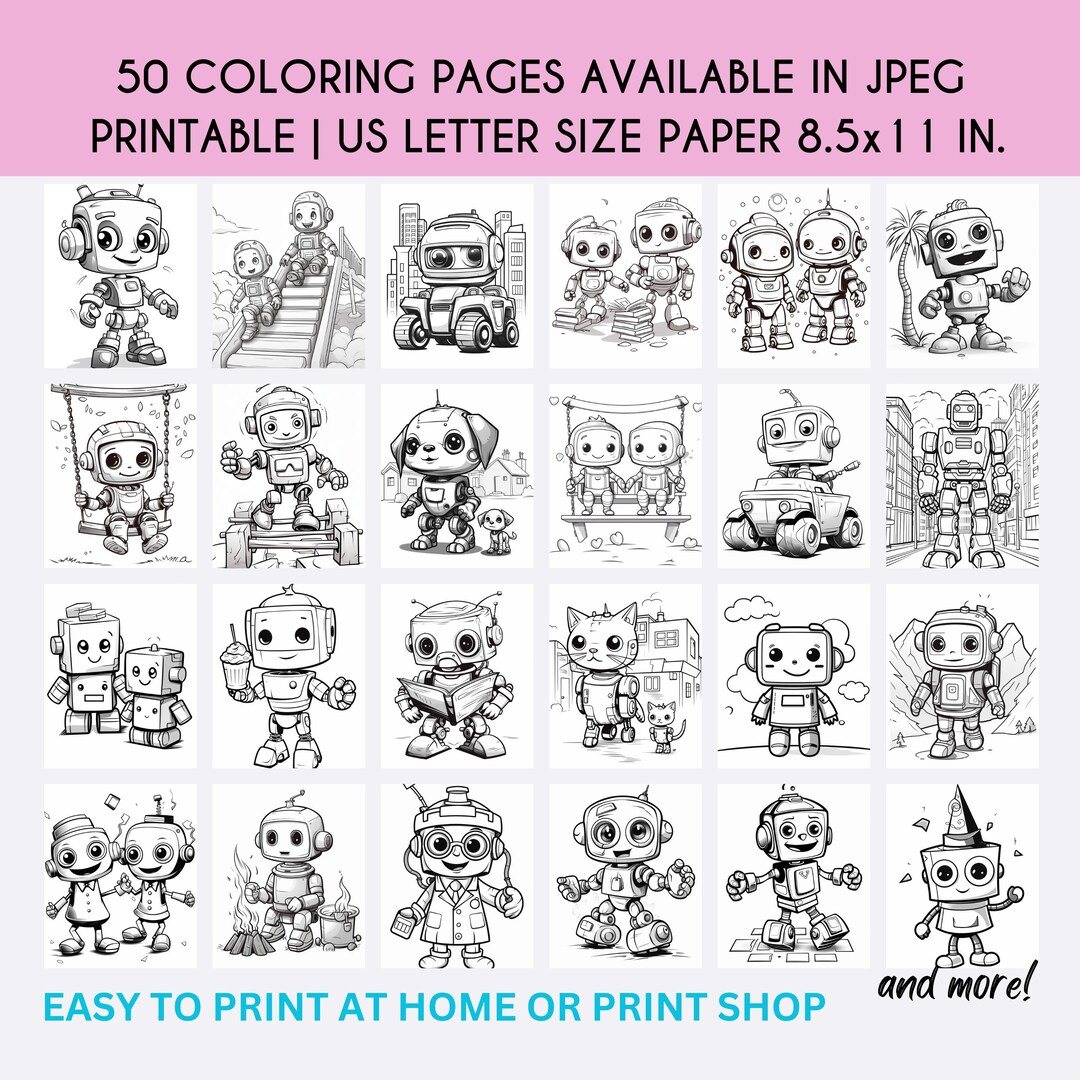 50 Robots Coloring Pages, Holidays Coloring Book, Coloring Sheet, Kids ...