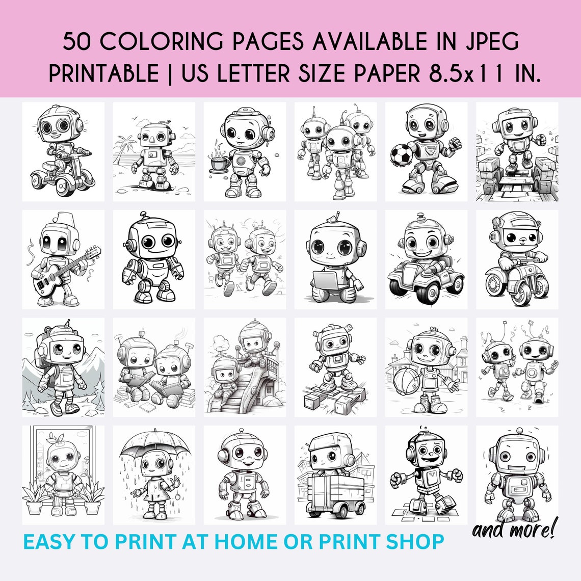 50 Robots Coloring Pages, Holidays Coloring Book, Coloring Sheet, Kids ...