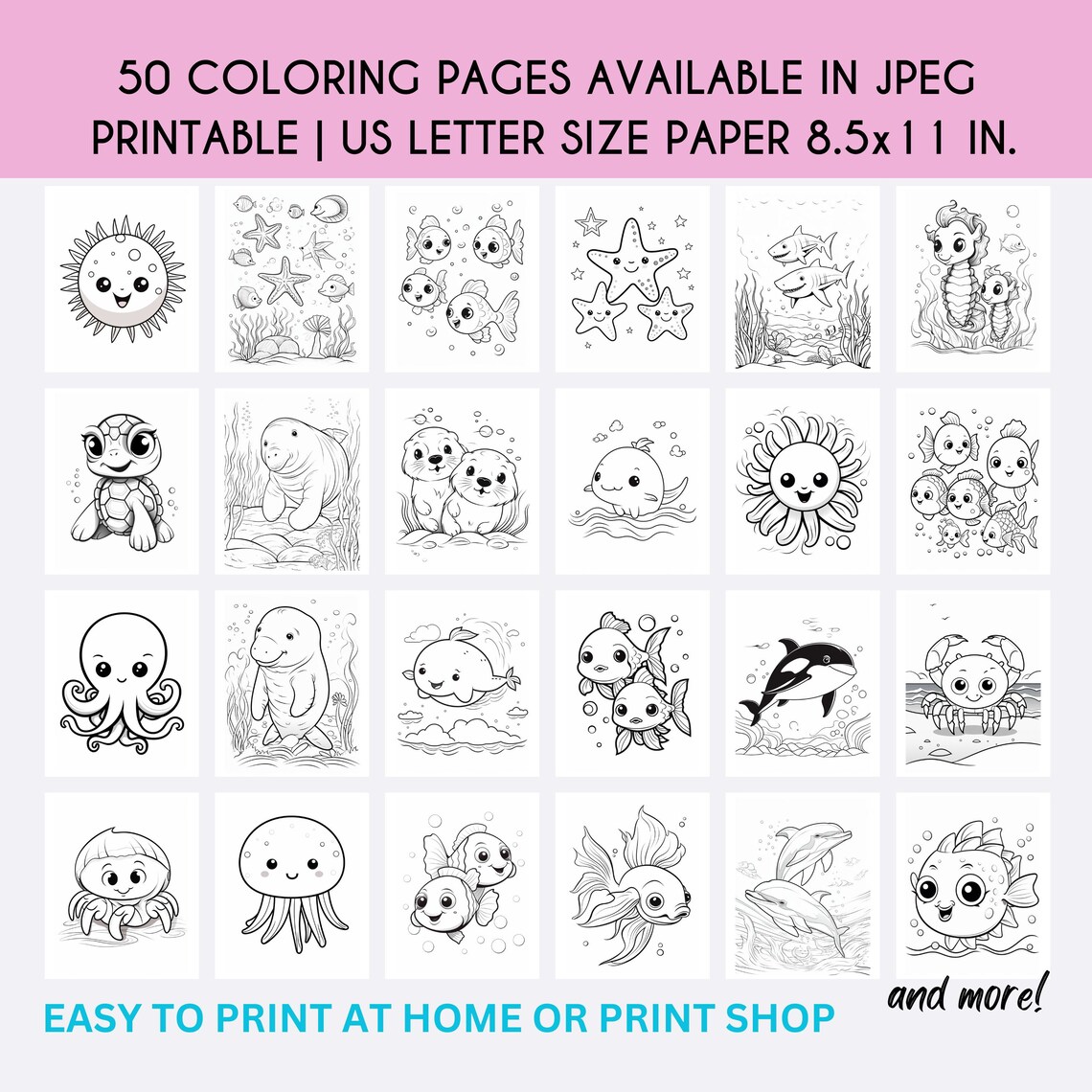 50 Sea Creatures Coloring Pages, Sea Life Coloring Book, Coloring Sheet ...