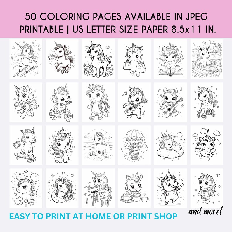 50 Unicorn Coloring Pages, Unicorn Coloring Book, Coloring Sheet, Kids ...