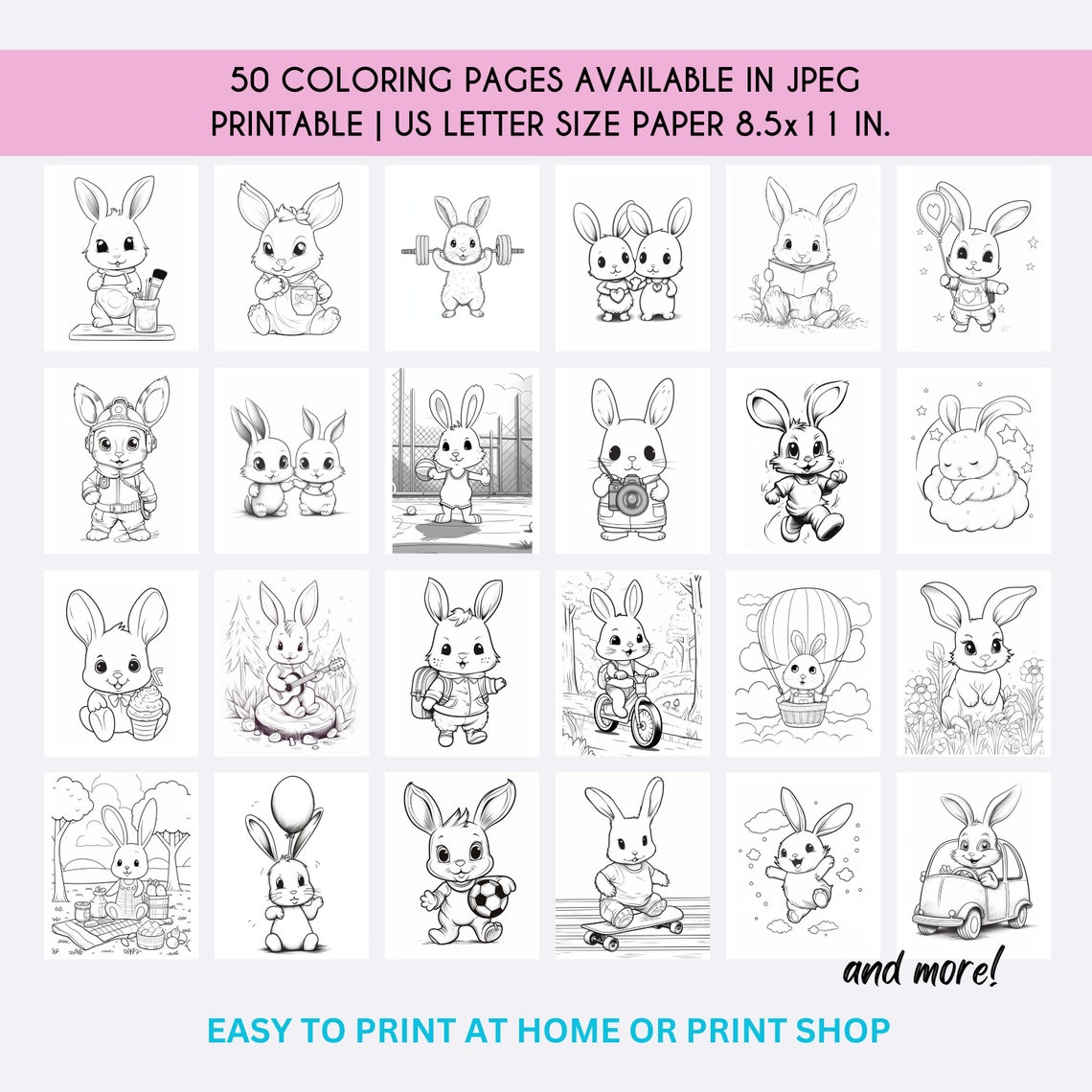 50 Bunny Coloring Pages, Bunnies Coloring Book, Coloring Sheet, Kids ...