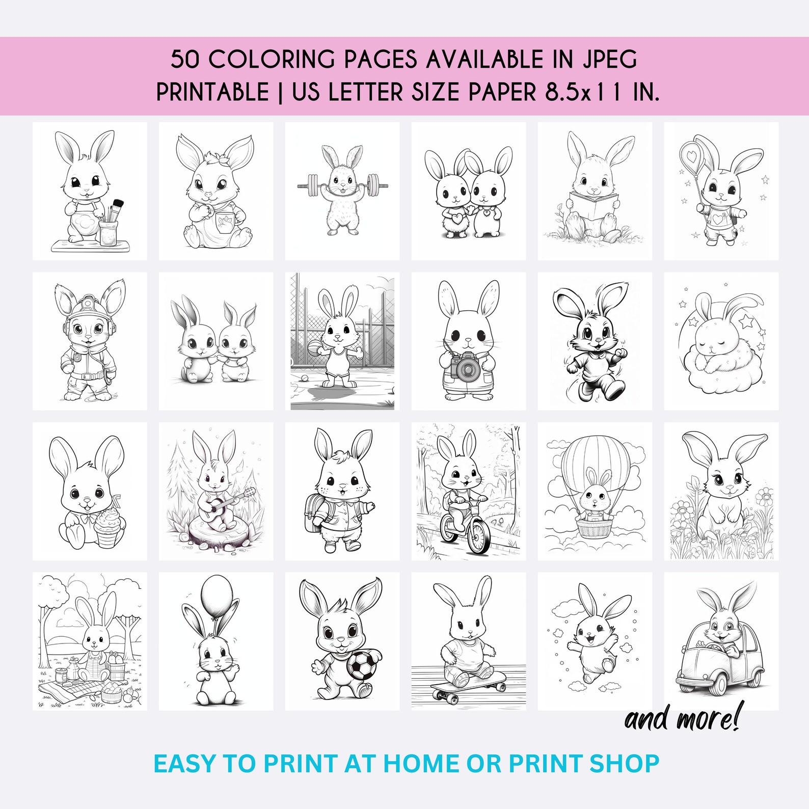50 Bunny Coloring Pages, Bunnies Coloring Book, Coloring Sheet, Kids ...