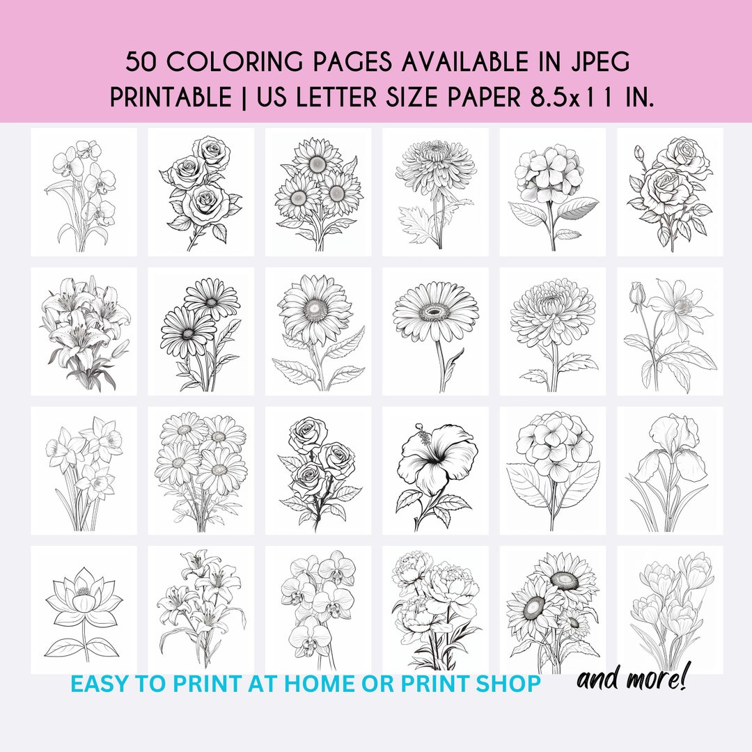 50 Flowers Coloring Pages Adult Coloring Book Coloring - Etsy
