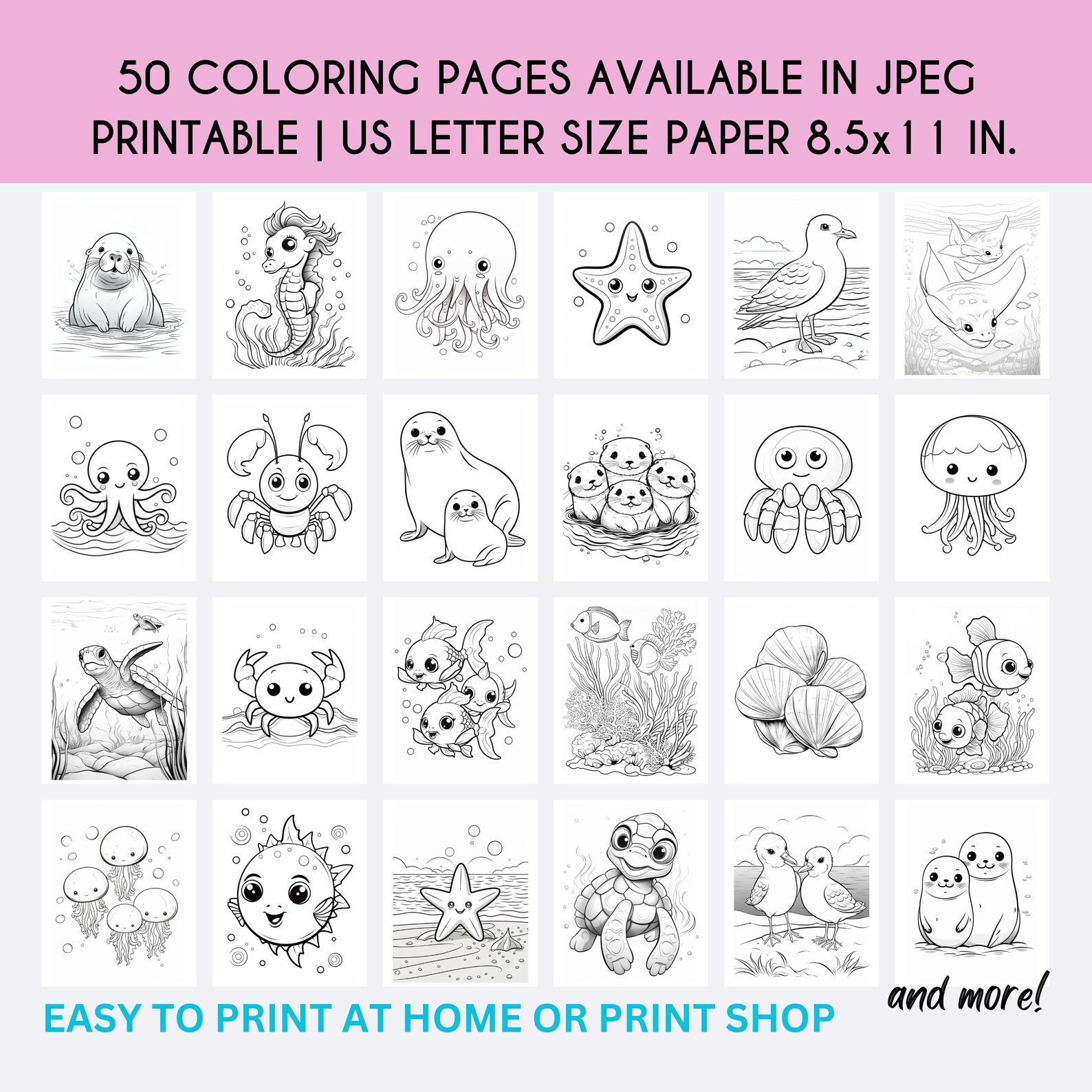 50 Sea Creatures Coloring Pages, Sea Life Coloring Book, Coloring Sheet ...