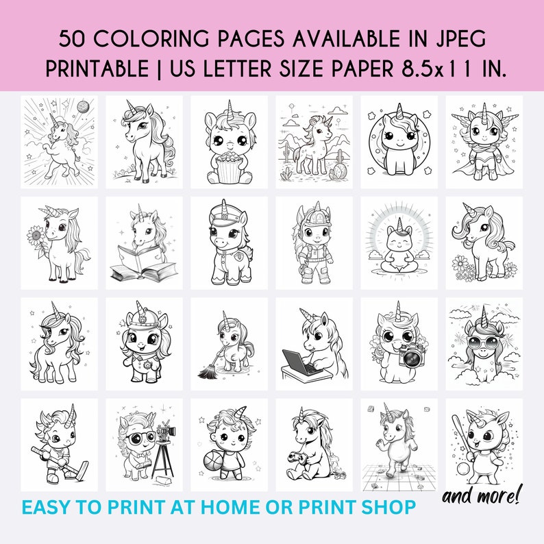50 Unicorn Coloring Pages, Unicorn Coloring Book, Coloring Sheet, Kids ...