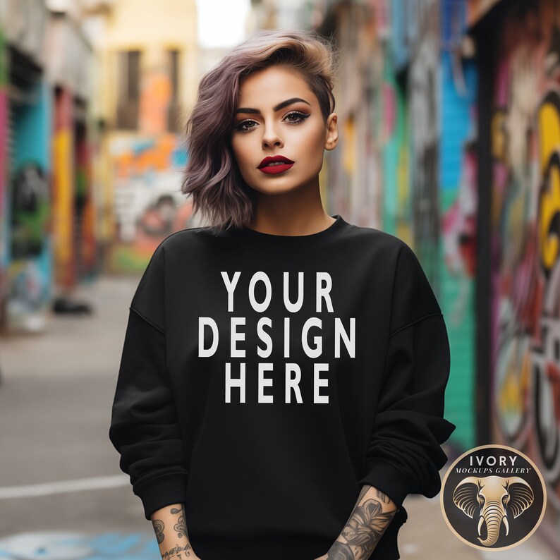 Gothic Mockup, Gildan 18000 Black Sweatshirt Goth Girl Mockup, Tattooed ...