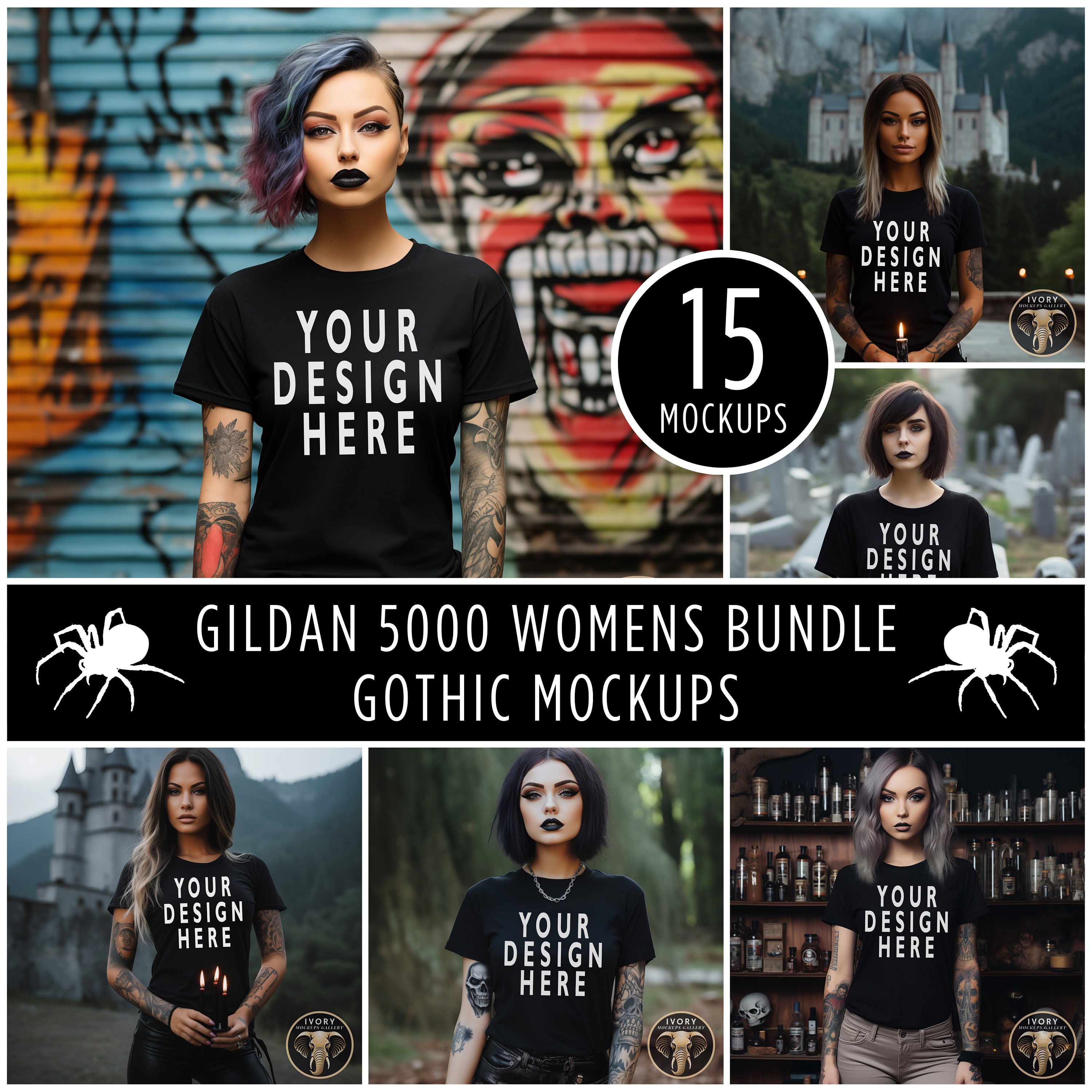 Gildan 5000 Mockup Bundle, Gothic Black Shirt Mockup Pack, Goth Tshirt ...
