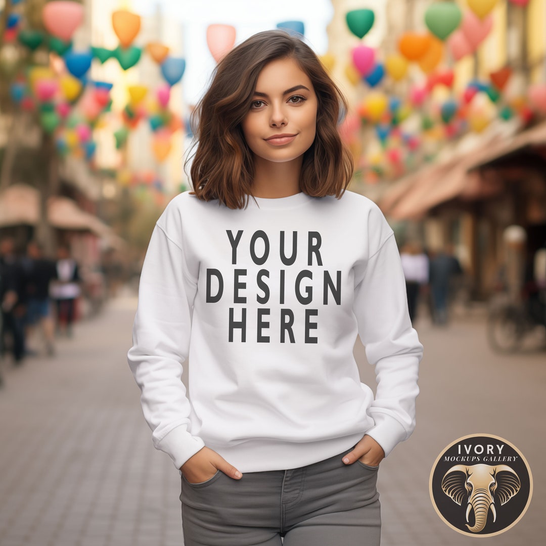 Latina Girl Model Mockup, Cinco De Mayo, Gildan 18000 White Crewneck ...