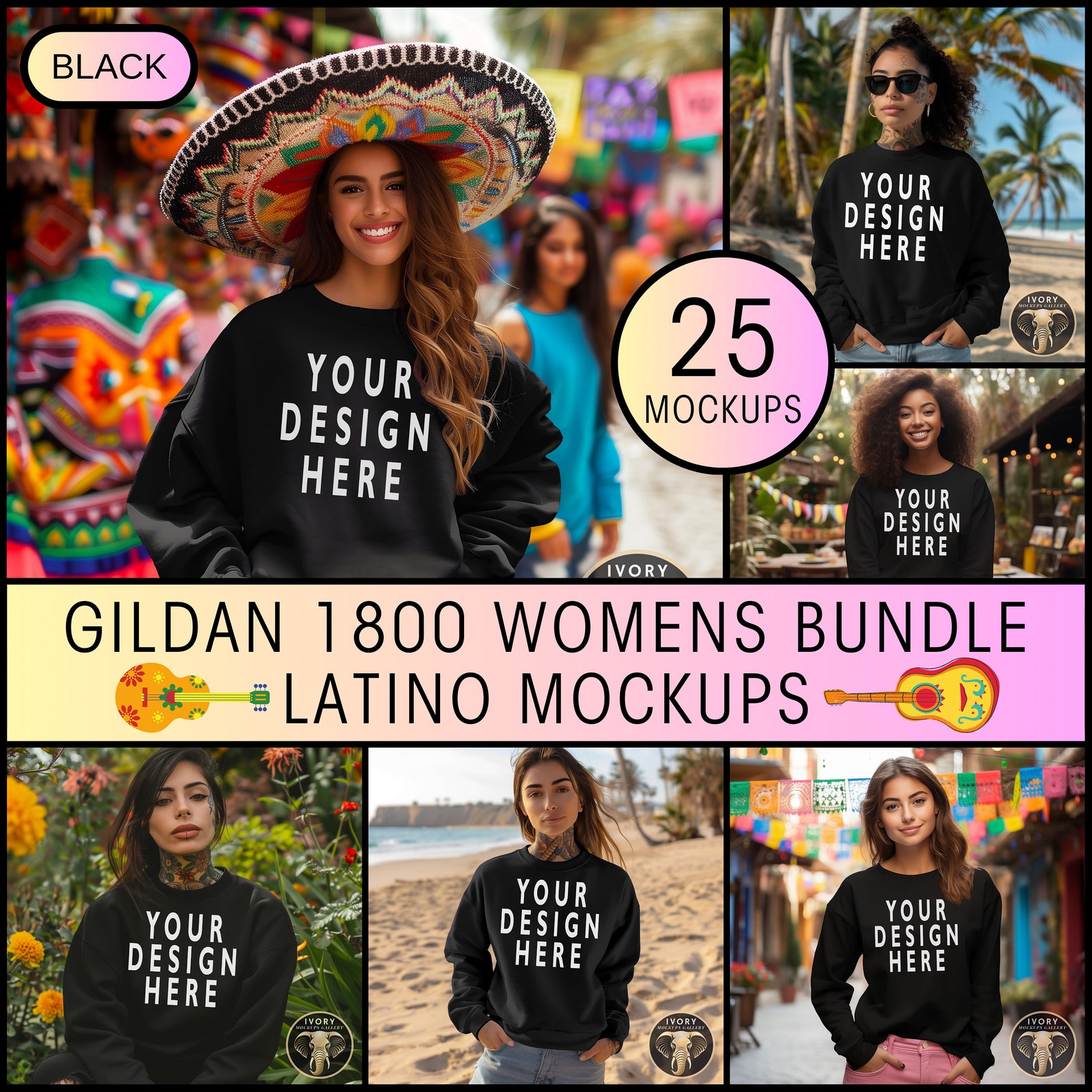Gildan 18000 Mockup Bundle, Black Sweatshirt Mockup Set, Latino Sweater ...