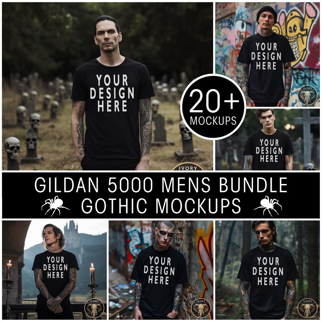 Gildan 5000 Mockup Bundle, Gothic Black Shirt Mockup Pack, Goth Tshirt ...
