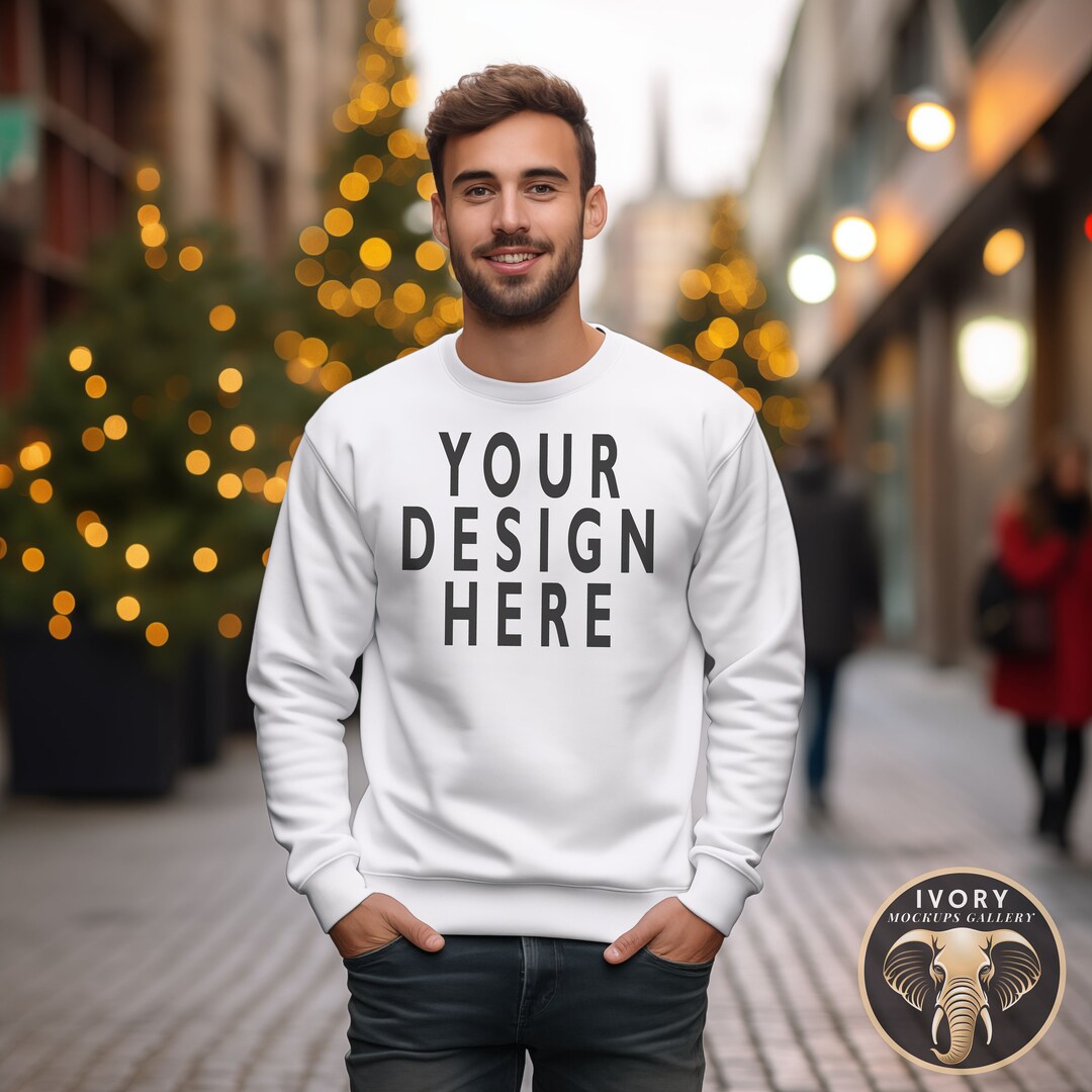 Gildan 18000 Mockup White, Manly Christmas Sweater Mockup, G18000 ...