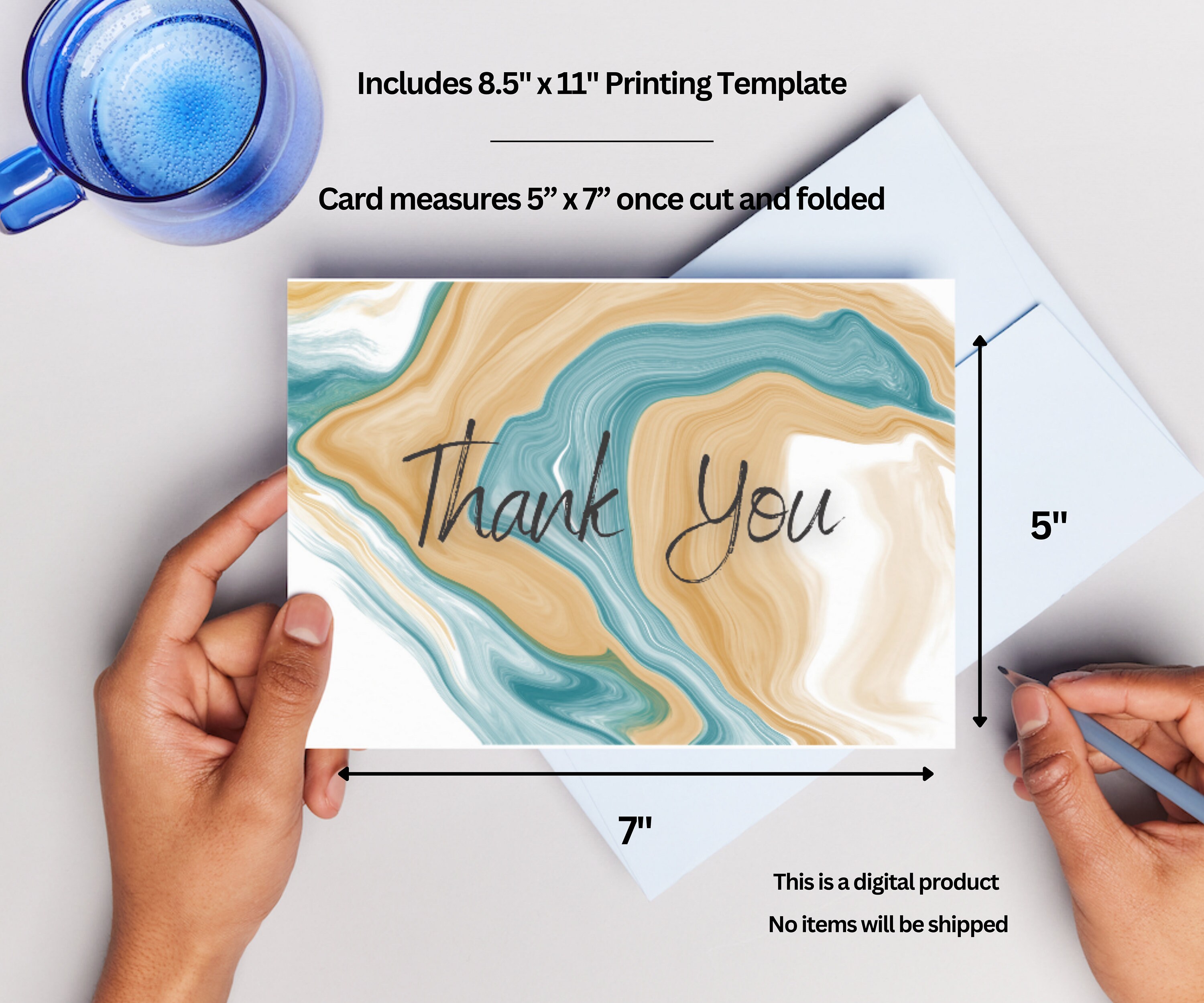 Printable Blue and Gold Swirl Marble Thank You Card Instant Digital ...