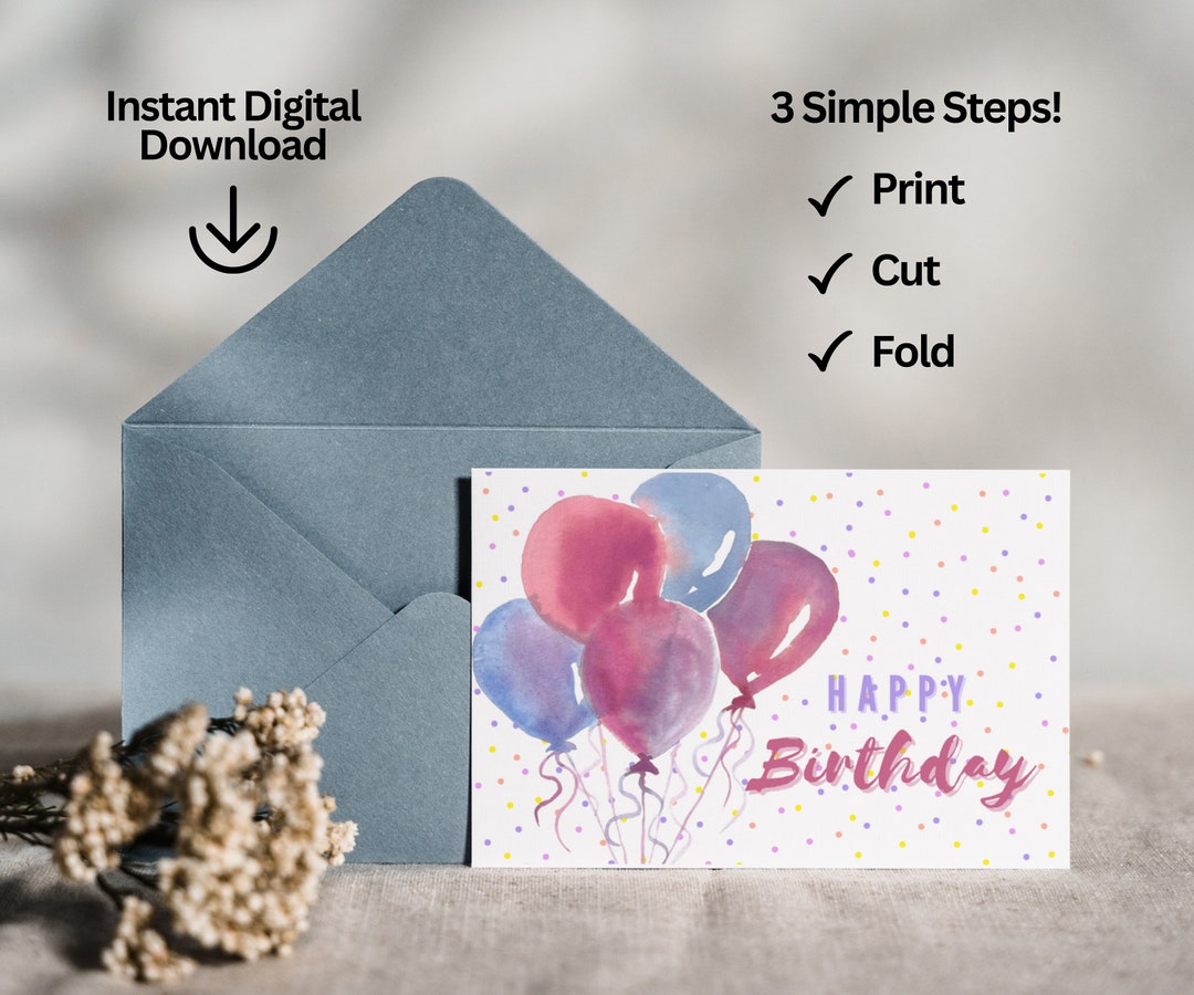Printable Happy Birthday Card With Balloons and Confetti Instant ...