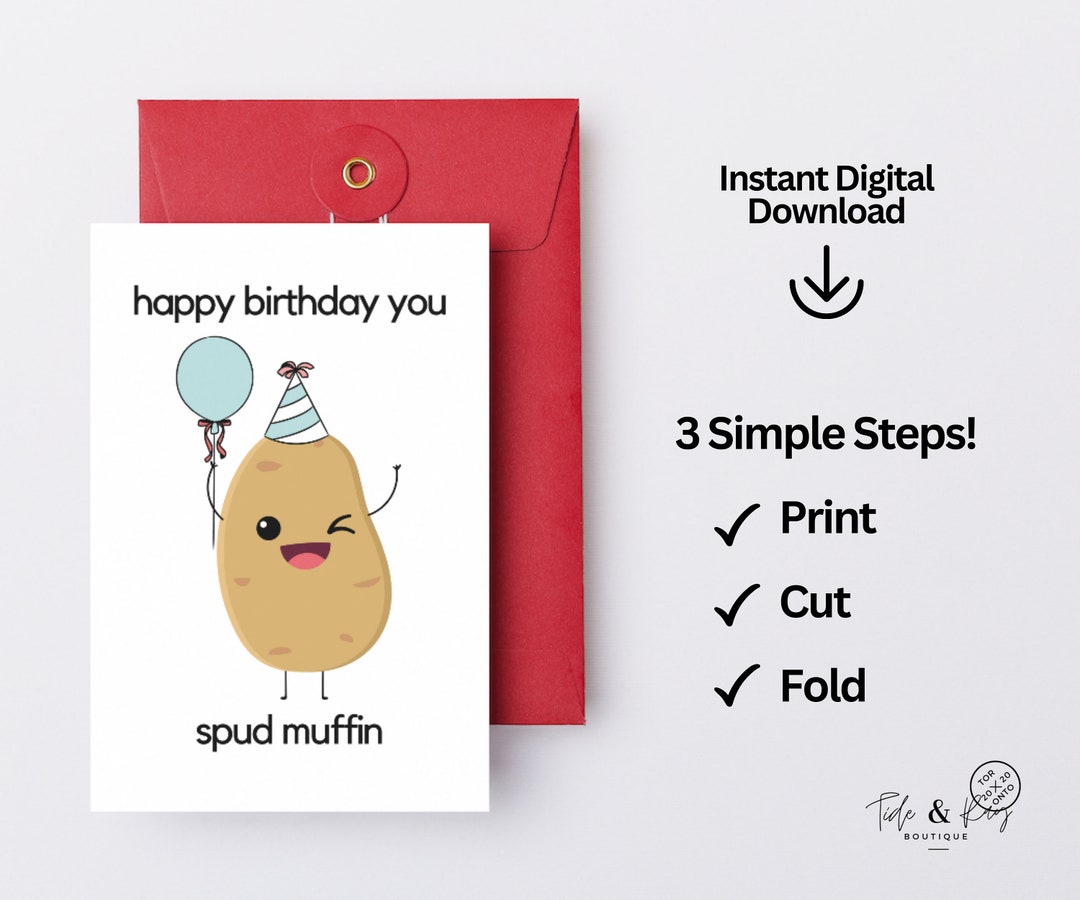 Happy Birthday Spud Muffin Animated Potato Celebration Printable Card