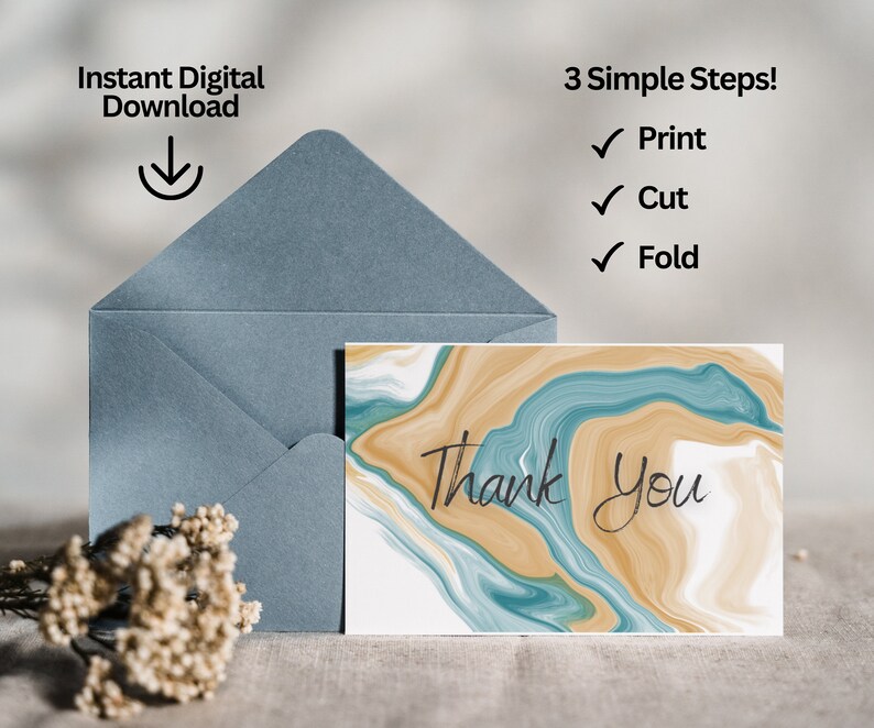 Printable Blue and Gold Swirl Marble Thank You Card Instant Digital Download Thank You Greeting ...