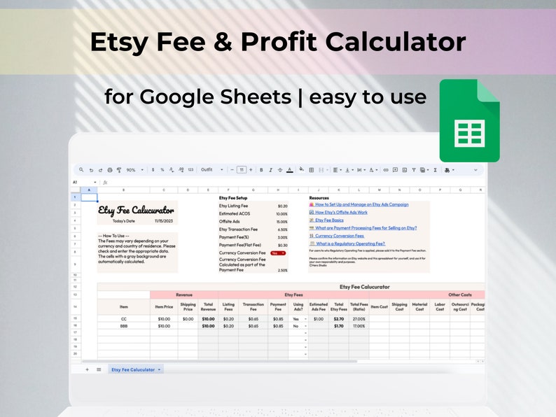 Etsy Fee & Profit Calculator Spreadsheet | Google Sheets | Etsy Seller ...
