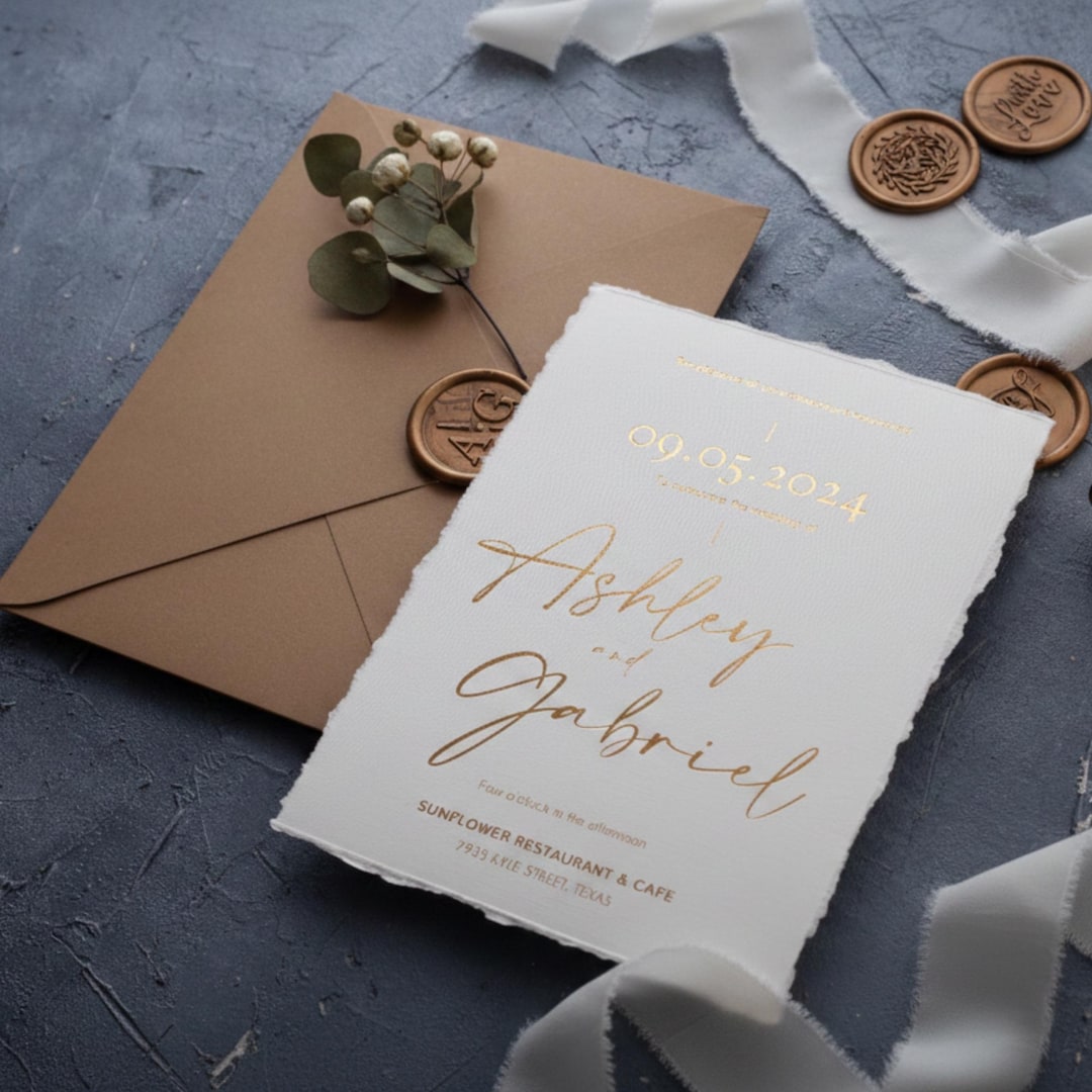 Deckle Edge Wedding Invitation Suite, Gold Foil Script, Wax Seal ...