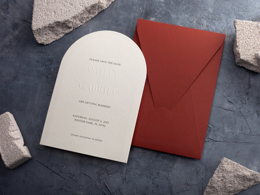 Embossed Minimalist Save the Date Cards With Arch Design, Modern ...