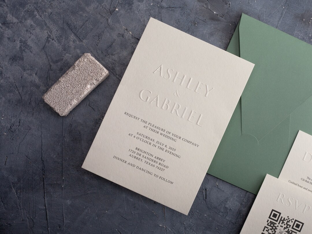 Custom Minimalist Embossed Wedding Invitations With Letterpress and ...