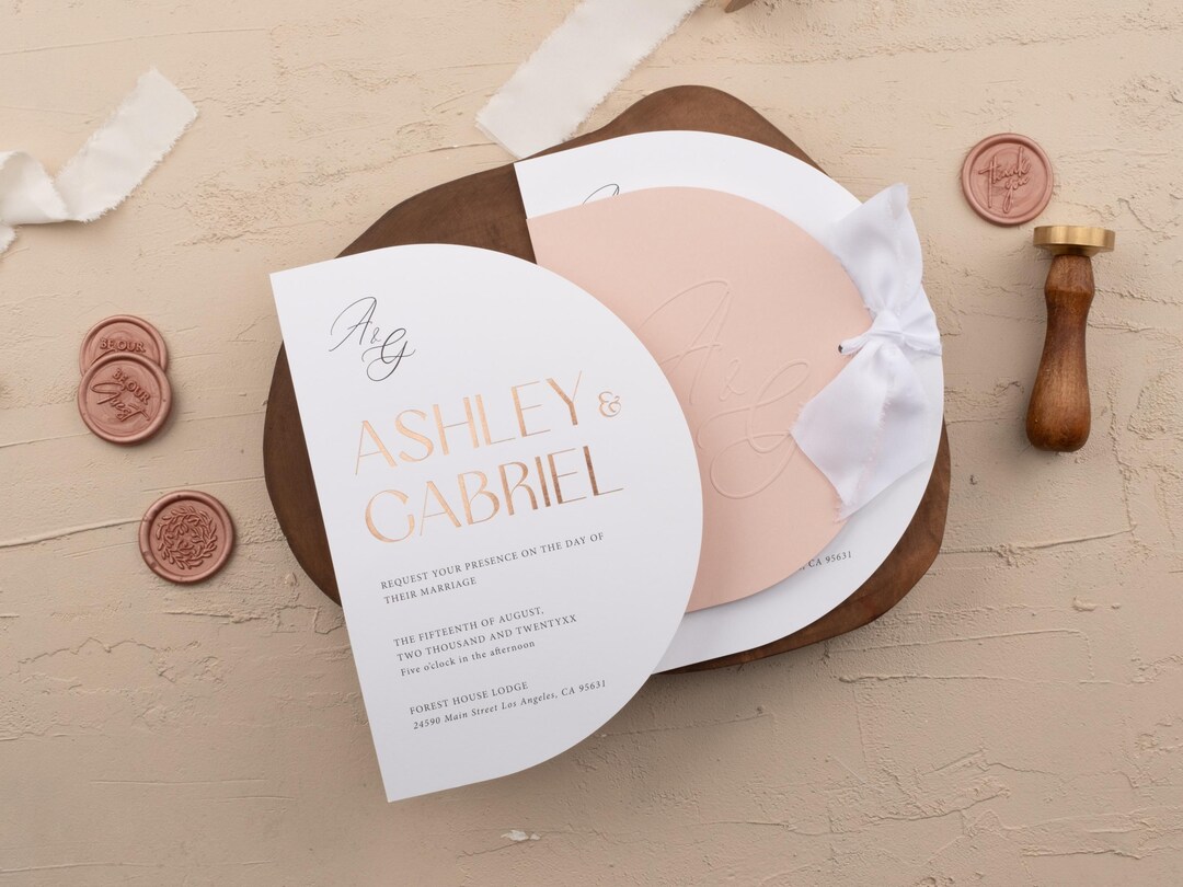 Modern Round Wedding Invitations With Blush and Gold Foil, Elegant ...