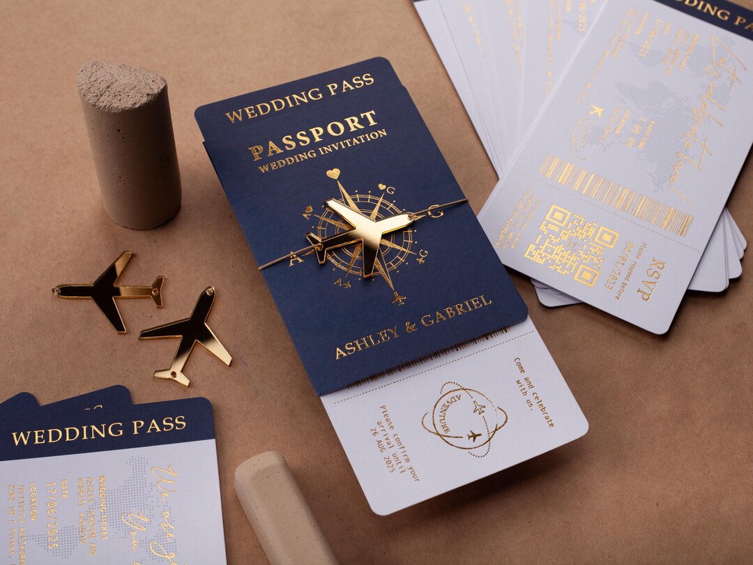 Passport Wedding Invitation Set, Boarding Pass Invite in Navy Blue ...