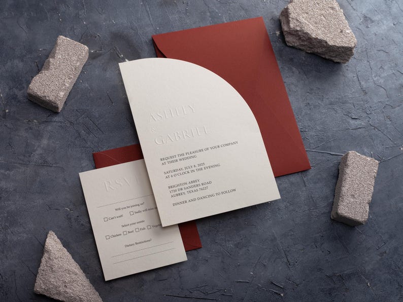 Modern Blind Emboss Wedding Invite: Half Arch Letterpress All in One ...
