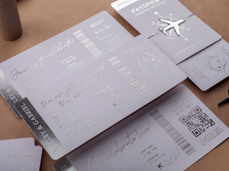 Silver Foil Passport Wedding Invitation Set: Acrylic Airplane Charm - Etsy