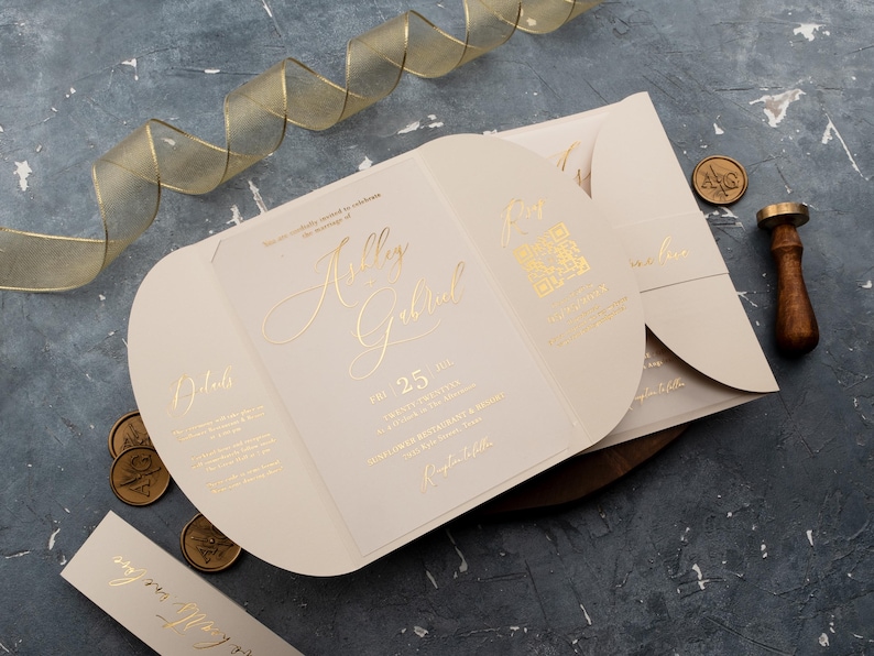 Acrylic Wedding Card-ivory Invite Suite: Gatefold Invitation, Gold Foil ...
