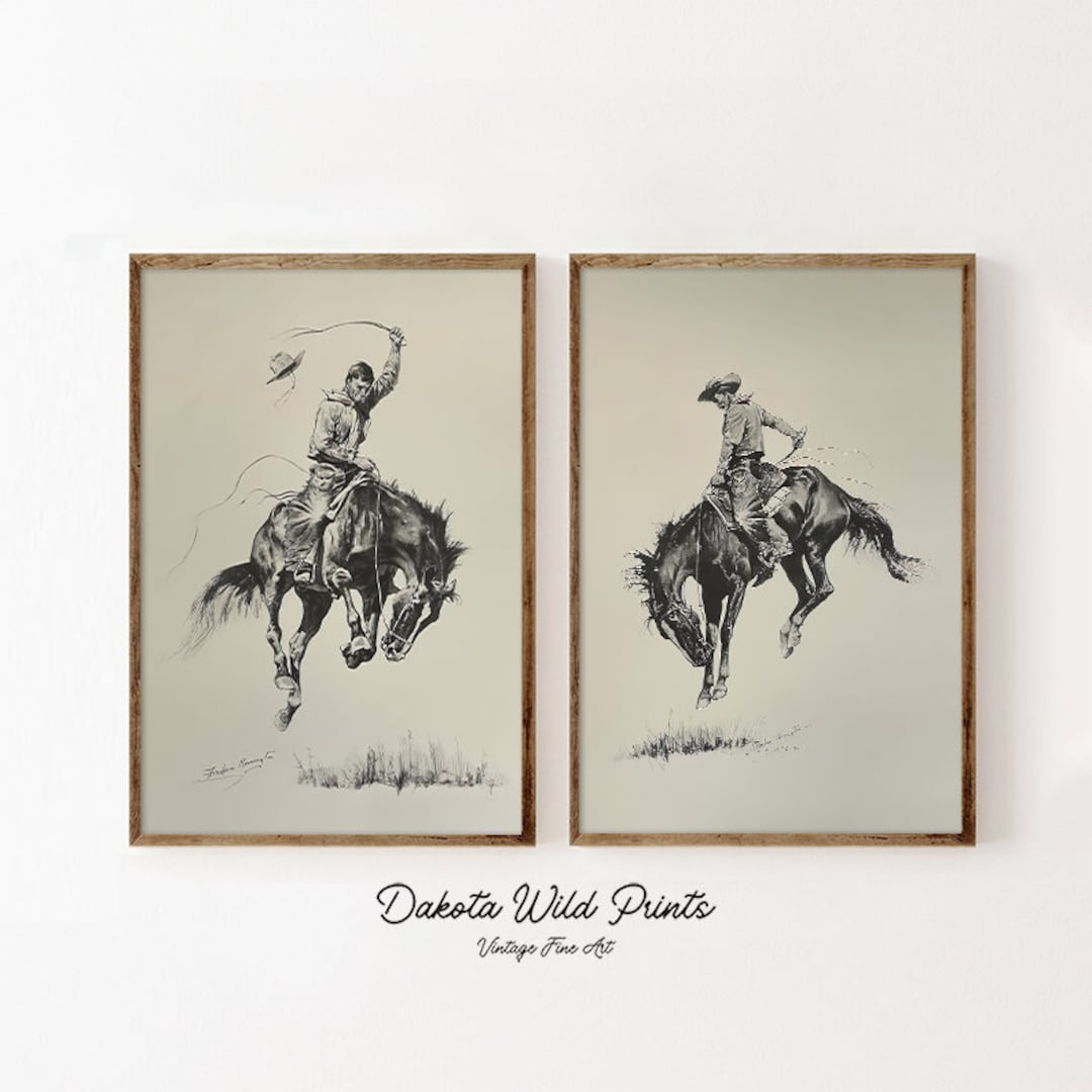 Western Cowboy Sketch PAIR | Vintage Wall Art | Mid Century Decor ...
