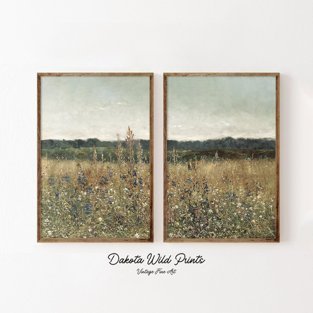 Vintage Wildflower Field Painting, Set of 2 Prints, Farmhouse Wall Art ...