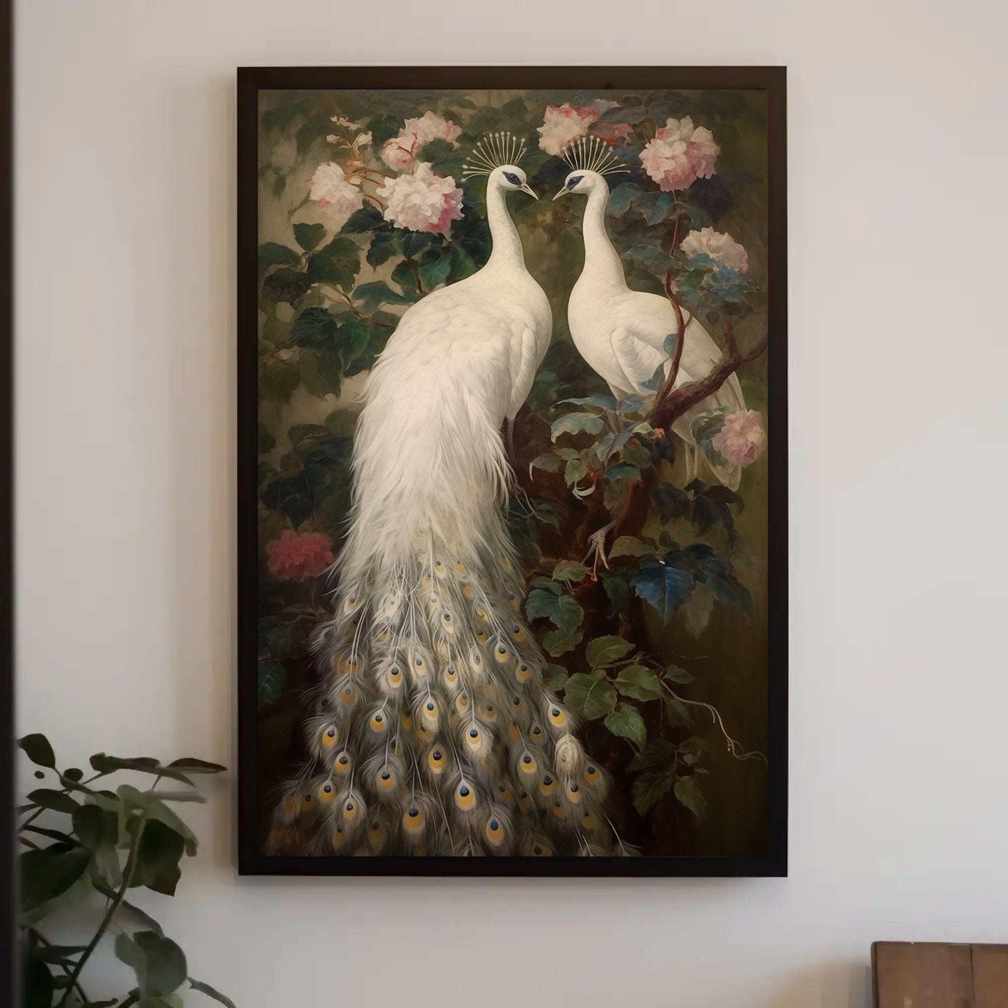 Two White Peacocks | Antique Oil Painting Printable | French Country ...