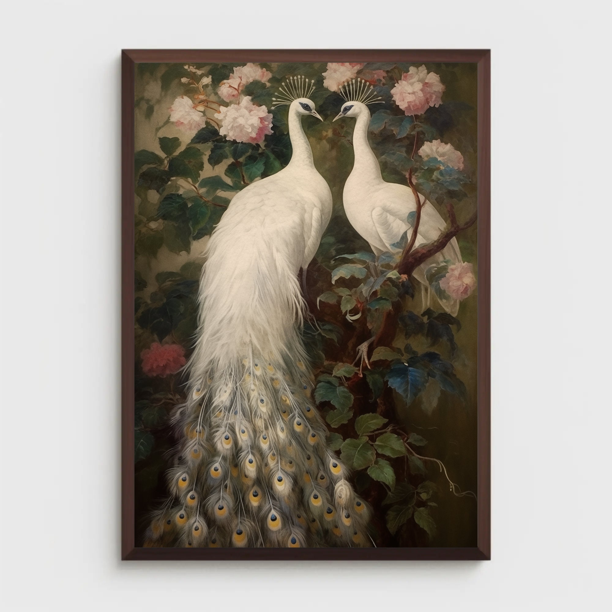 Two White Peacocks Antique Oil Painting Printable French Country Wall ...