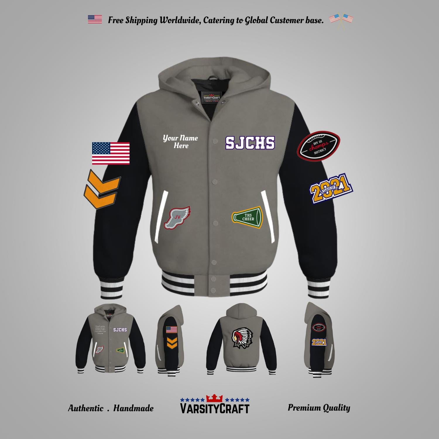Color Guard Custom Varsity Jacket Black Leather & Gray Wool Hooded ...