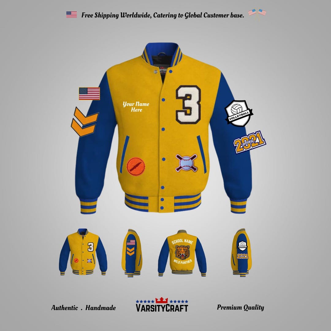 Custom Varsity Letterman Baseball Jacket Blue Leather & Yellow Wool ...