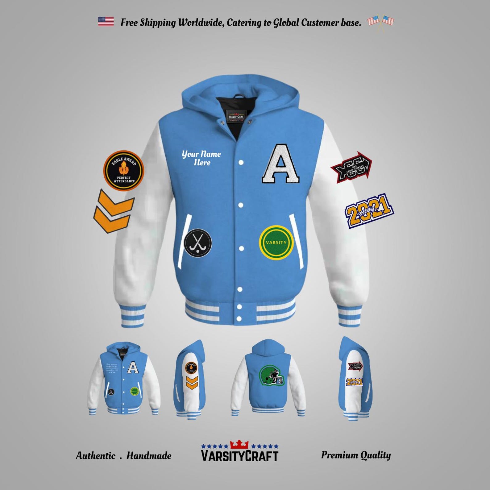 Personalized Varsity Jacket White Leather & Light Blue Wool Hooded ...