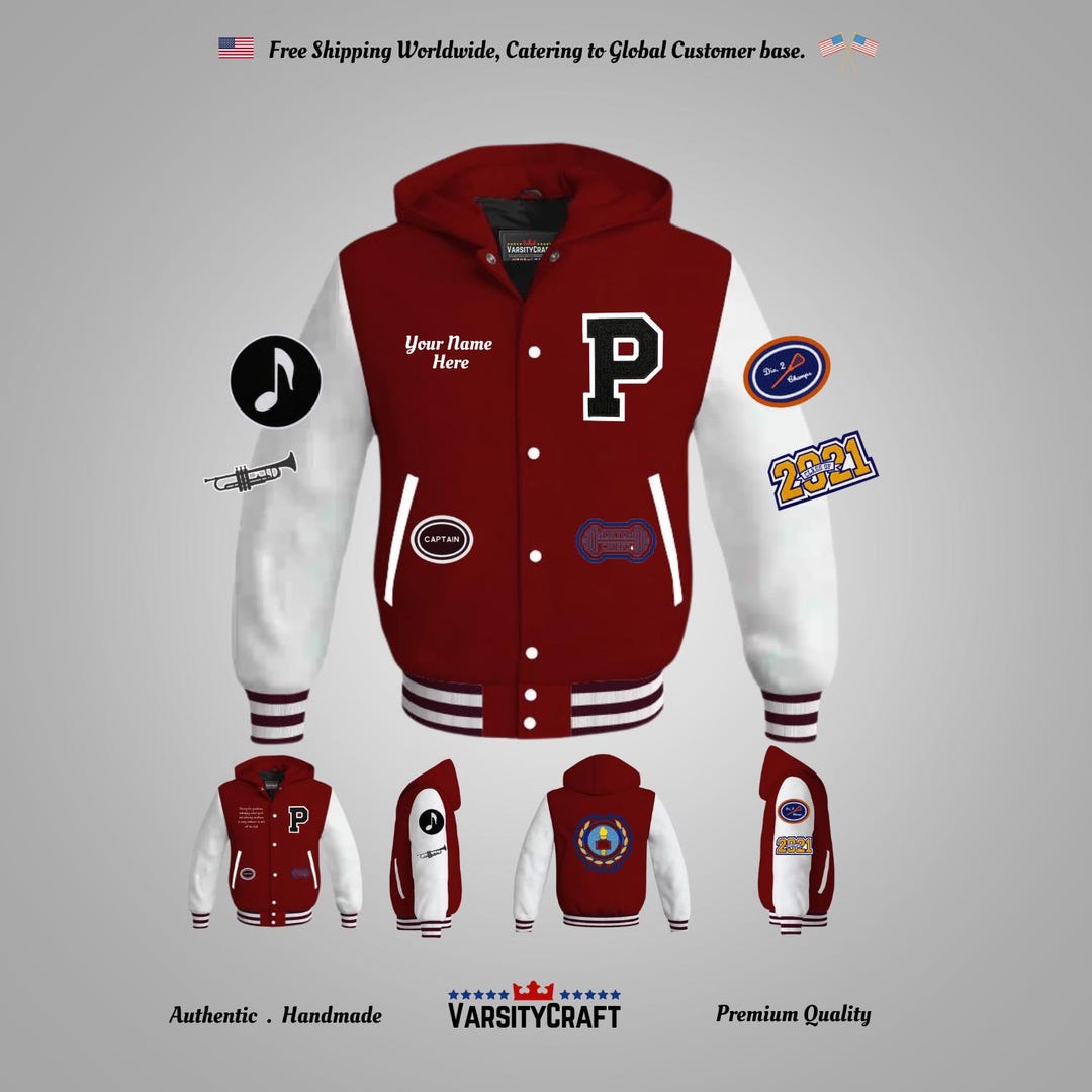 Personalized Varsity Jacket White Leather & Cardinal Wool Hooded ...