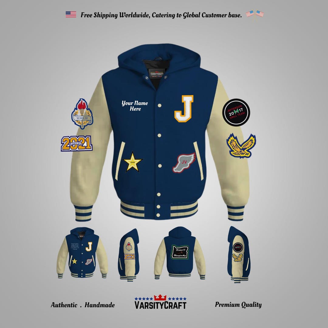 Personalized Custom Varsity Jacket Cream Leather & Navy Blue Wool ...