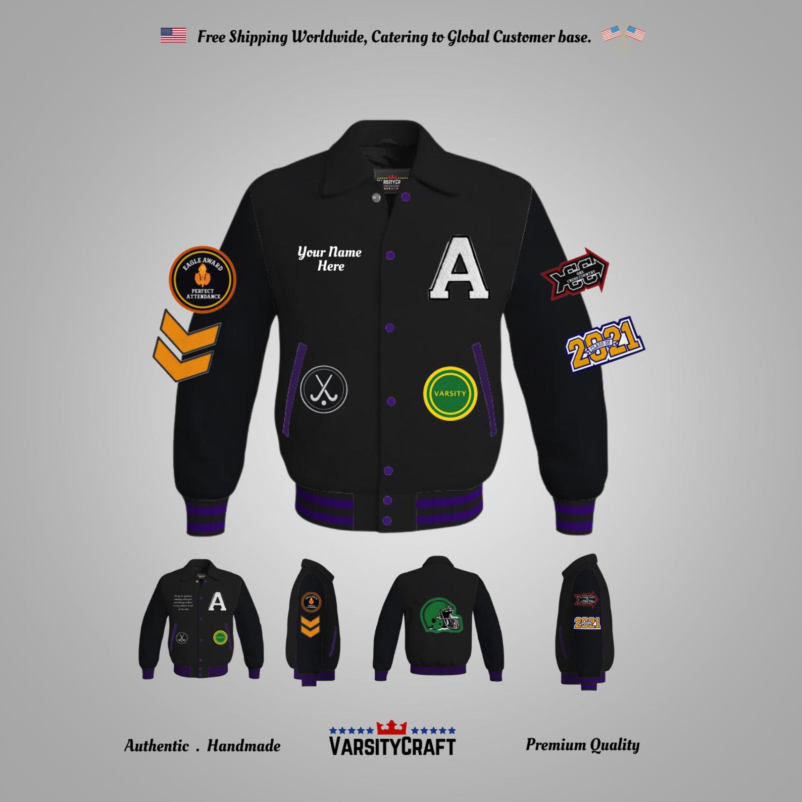 Personalized Varsity Letterman Jacket Cross Country Black Wool & Black ...