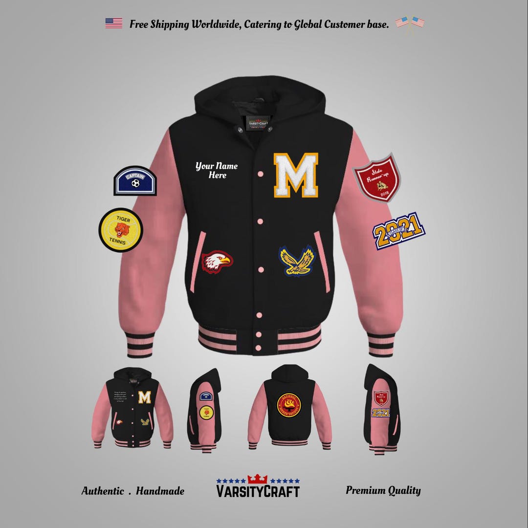 Custom Custom Varsity Jacket Pink Leather & Black Wool Hooded ...