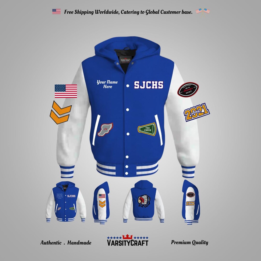 Custom Varsity Jacket White Leather Royal Blue Wool Hooded Personalized ...