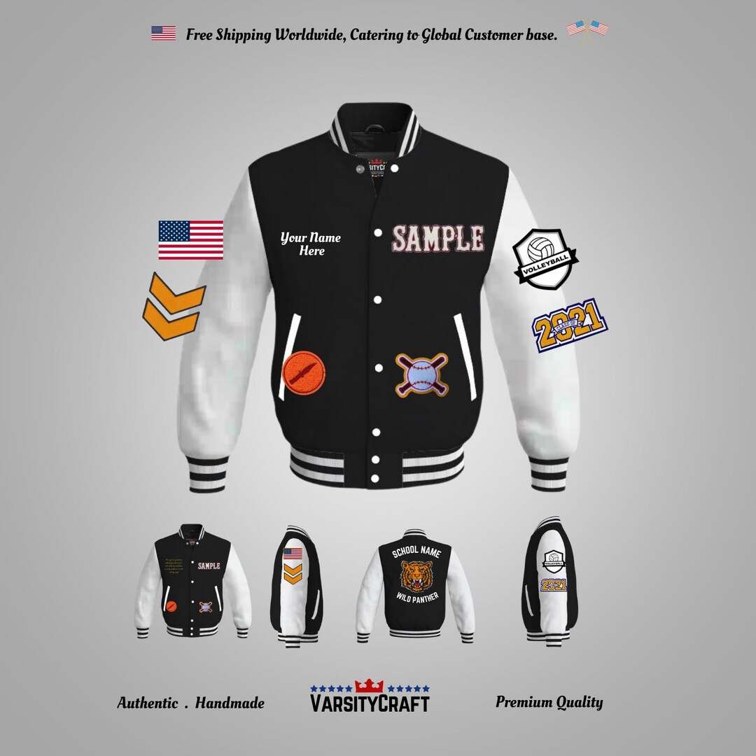 Premium Authentic Custom Varsity Letterman Jacket White Leather & Black ...