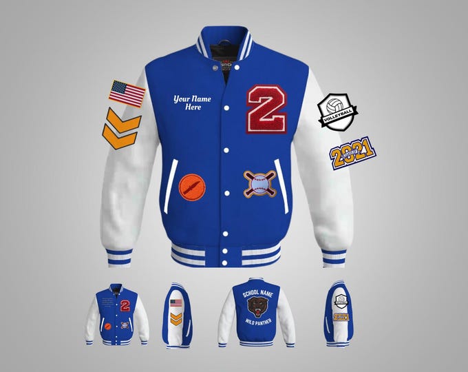 Premium Custom Varsity Letterman Baseball Jacket White Leather & Blue ...