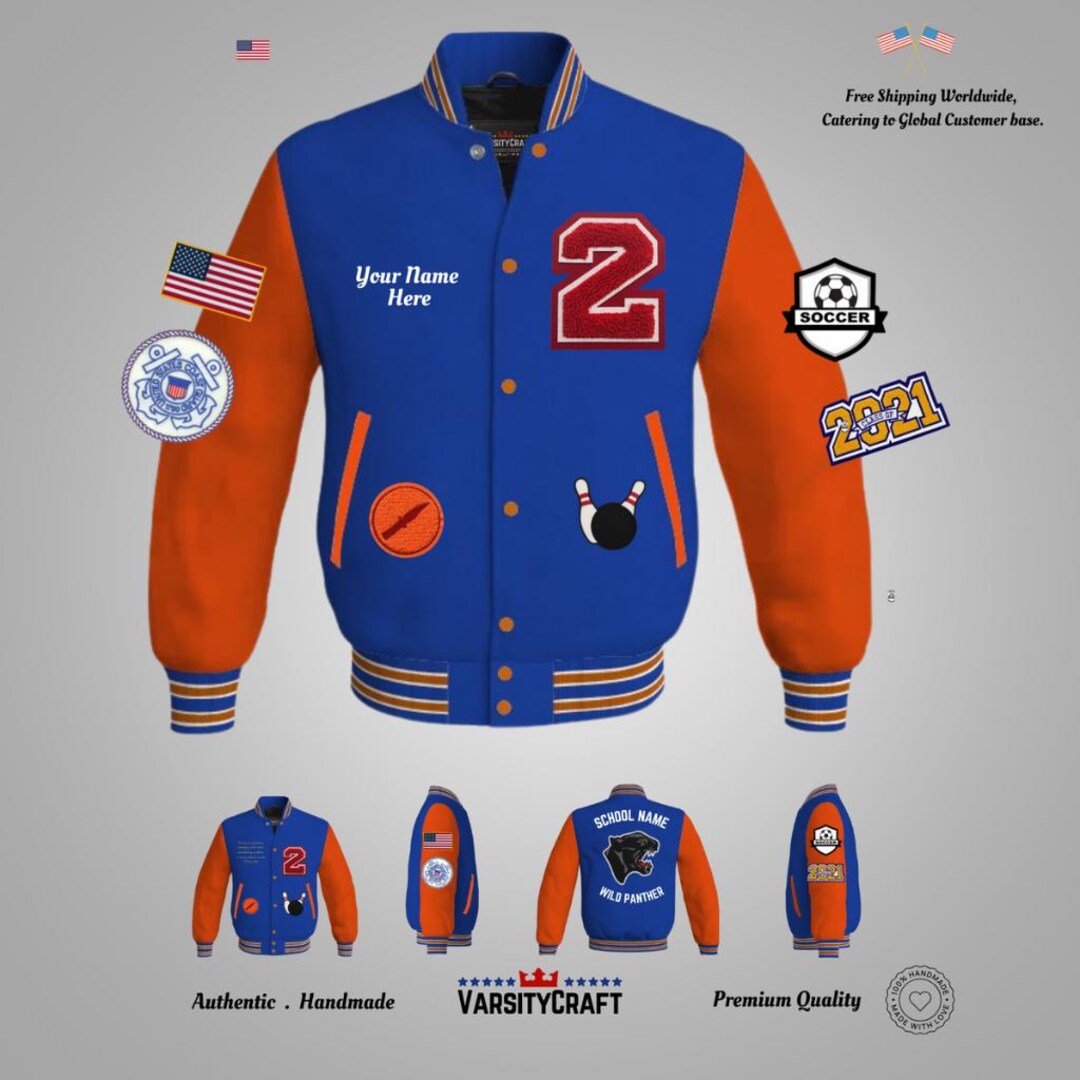 Custom Varsity Letterman Baseball Jacket Orange Leather & Royal Blue ...