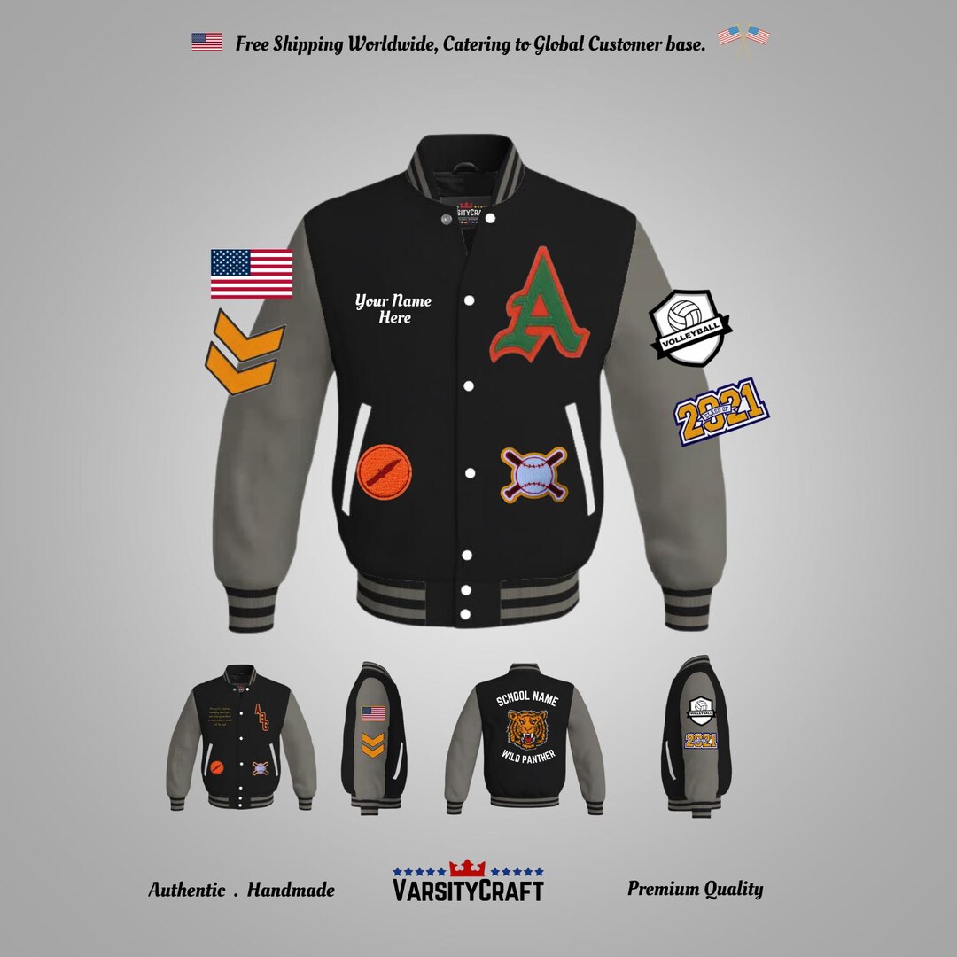 Handmade Custom Varsity Letterman Jacket Silver Leather & Black Wool ...