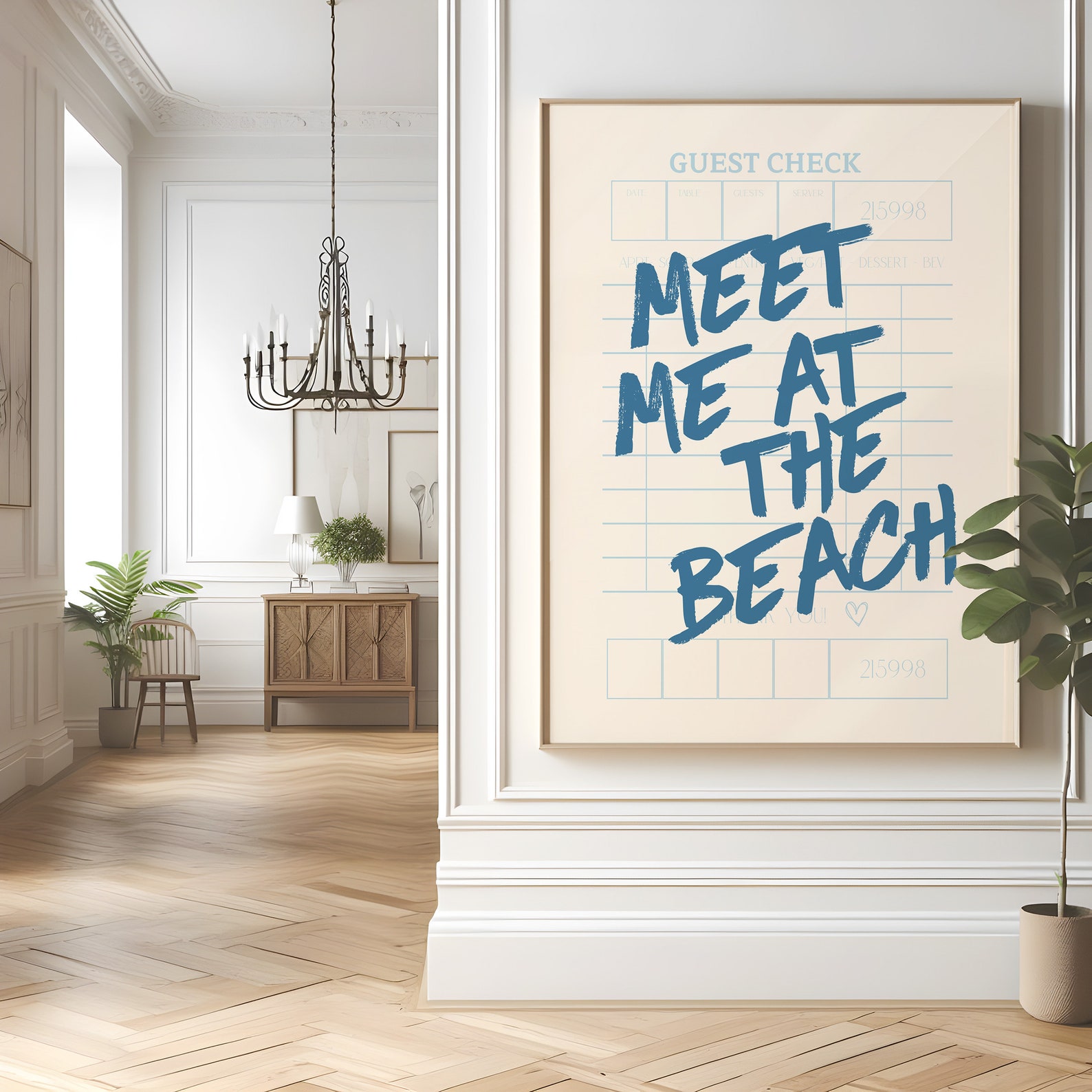 Meet Me at the Beach Guest Check Print, Trendy Coastal Wall Art, Blue ...