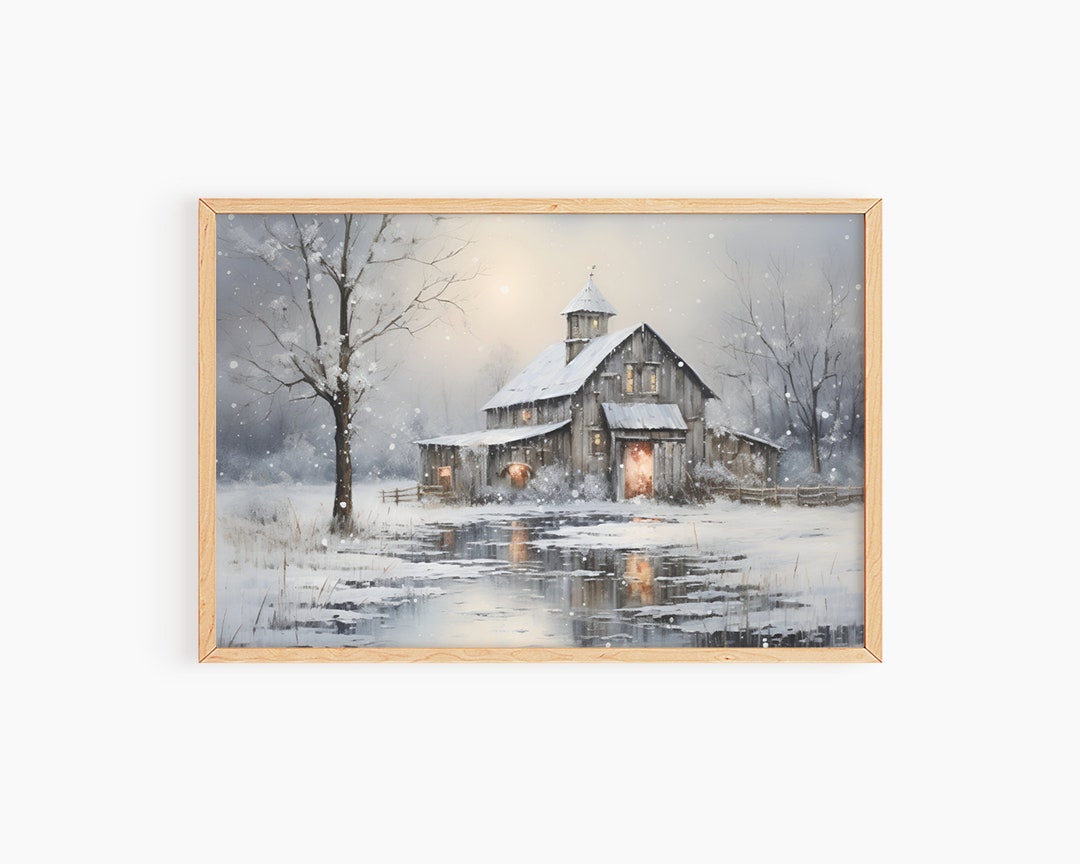Rustic Winter Barn Painting, Vintage Barn Wall Art Print, Neutral Wall ...